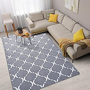QXKAKA Soft Shag Geometric Area Rug, Modern Indoor Carpet for Bedroom Living Room, 4'x6' Memory Foam Kids Rug for Nursery Play Mat, Moroccan Trellis Fluffy Rug Accent Room Decor, Grey/White