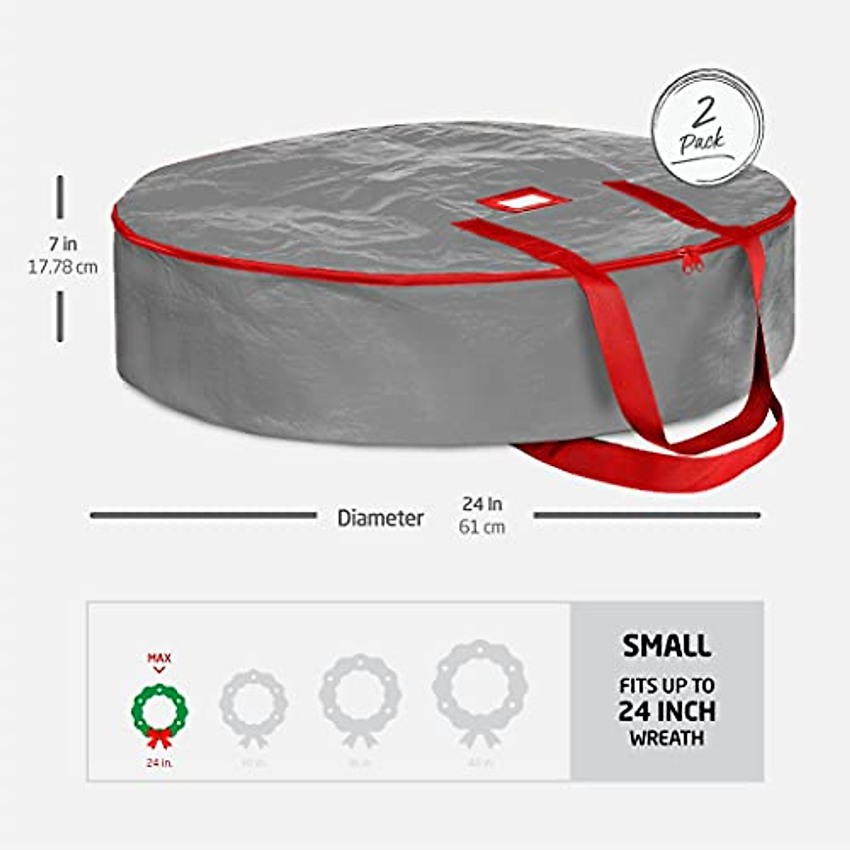 ZOBER Christmas Wreath Storage Bag - Water Resistant Fabric Storage Dual Zippered Bag for Holiday Artificial Christmas Wreaths, 2 Stitch-Reinforced Canvas Handles (24 Inch, Gray, Set of 2)