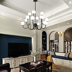 QUOOBE Modern Mid Centur Black 12 Light Chandeliers with Glass Globe,Large Sputnik Metal Ceiling Pendant Light Fixture for Living Room Dining Room Bedroom Kitchen Staircase Office