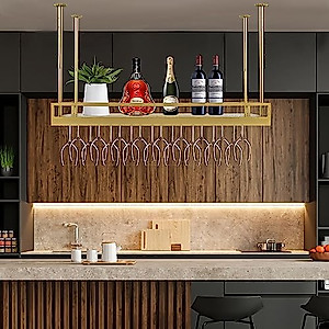 KEPMOGOH Ceiling Wine Glass Rack, Adjustable Hanging Metal Wine Holder Cabinet, Floating Iron Bottle Holder Wine Shelf, Wall-Mounted Wine Rack Storage Shelve for Bar Cafe Kitchen Party (31.5in)