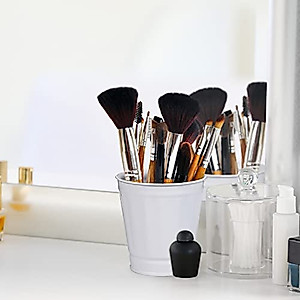 Alipis Metal Mini Trash Can Desktop Garbage Bins Makeup Brush Pencil Storage Box Tiny Wastebasket with lid for Home Office (Silver + White)