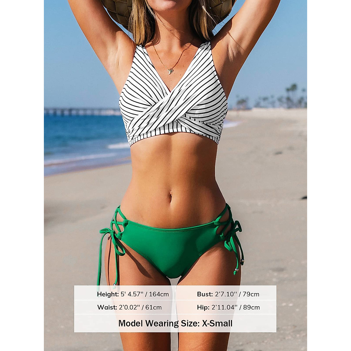 CUPSHE Womens Swimwear Swimsuit Bikini Set Striped Wrapped Front Lace Up Back Strappy Two Piece Bathing Suit, Large, Cadmium Green