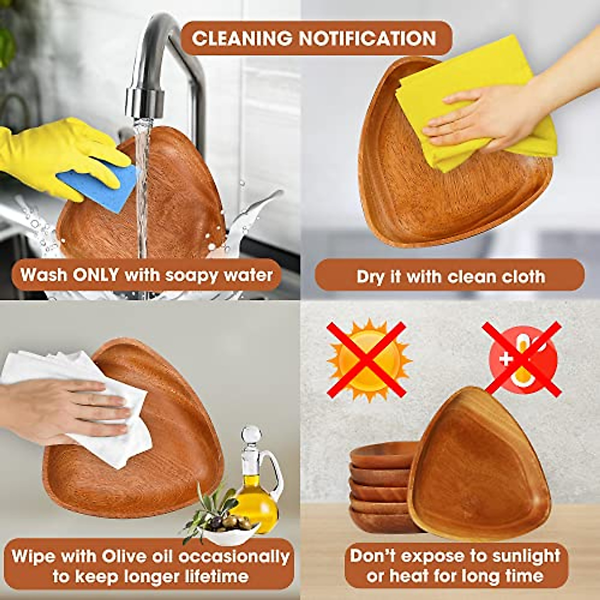 VieWood Triangle Wood Small Serving Tray Set of 5, Home Decor, Platters & Wooden Plates for Fruits, Cupcakes, Sushi, Food - Decorative dinnerware (5.9 in, Khaya)