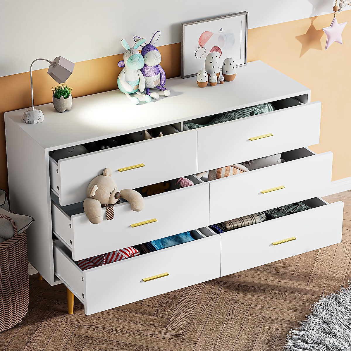 JOZZBY Dresser for Bedroom with 6 Drawers, Wooden White Dresser with Golden Handles, Modern Chests of Drawer Storage Organizer for Hallway, Entryway