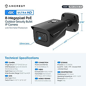 Amcrest UltraHD 4K (8MP) Outdoor Bullet Security IP POE Camera, 98ft NightVision, 2.8mm Lens, IP67 Weatherproof, 256GB MicroSD Recording, Black (IP8M-2496EB-V2)