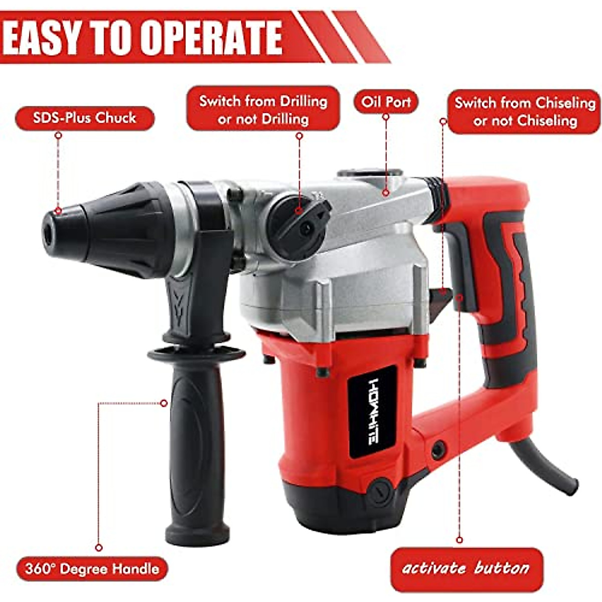 1-1/4 Inch SDS-Plus 13 Amp Heavy Duty Rotary Hammer Drill 3 Functions with Vibration Control Including Grease, Chisels and Drill Bits with Case, Gloves and Carrying Case