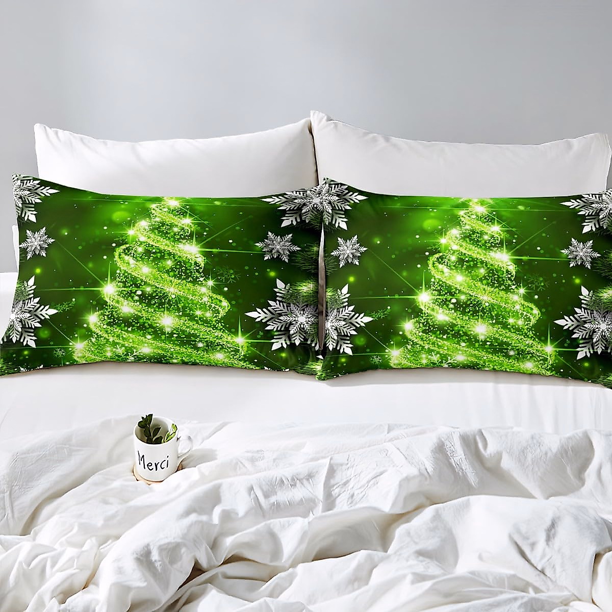 Erosebridal Green Christmas Tree Bedding Set Christmas Themed Duvet Cover 2 Piece Christmas Decor Comforter Cover White Snowflake Xmas Bedspread Cover Happy New Year Gifts Bedding Twin Size