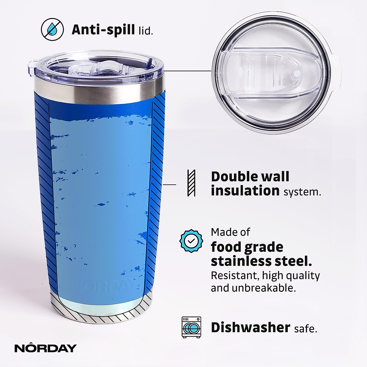 NORDAY | Tumbler Cup with Lid - 20oz - Blue | Vacuum Insulated Tumbler - Travel Tumbler - Stainless Steel Tumblers - Double Wall Coffee Tumbler - Keeps Temperature up to 24hr - Anti Spill Lids