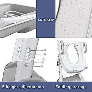 Potty Training Toilet Seat with Step Stool Ladder for Kids and Toddler Boys Girls - Soft Padded Seat with Foldable Anti-Slip Wide Step and Safety Handles - Gray