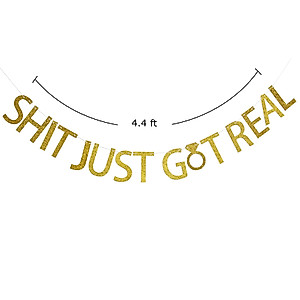 Firefairy™ Shit Just Got Real Gold Glitter Bunting Banner for Funny Wedding, Engagement, Bachelorette,Pregnancy Announcement,Bar Sign