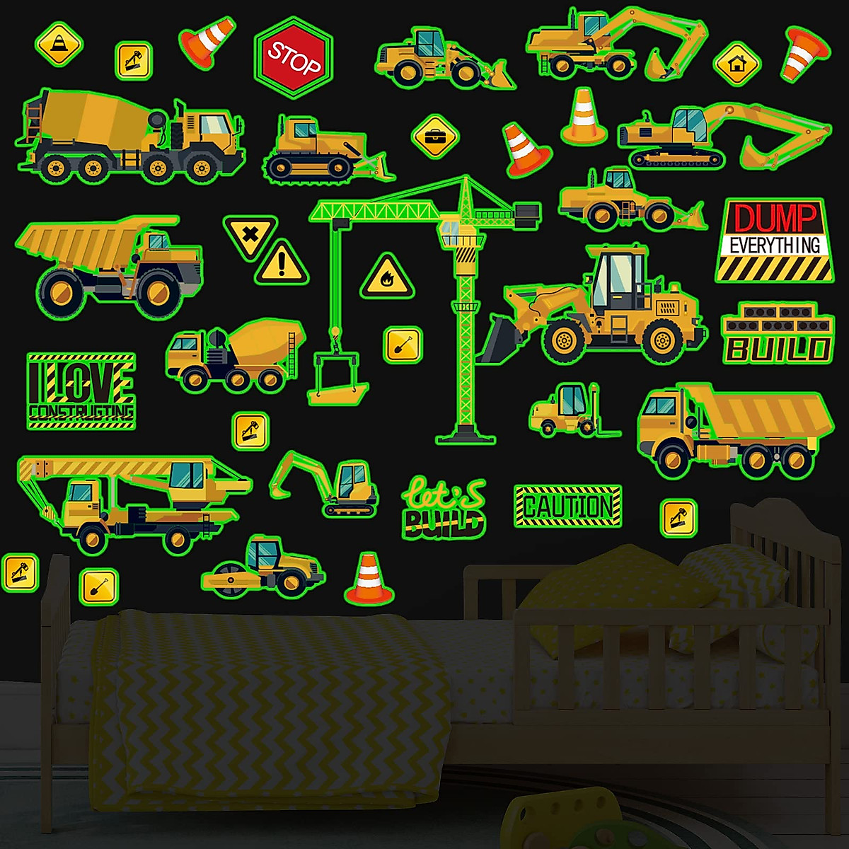 Gersoniel Glow in The Dark Truck Stickers Construction Wall Decals Cartoon Wall Stickers Truck Car Excavator Decorative Wall Stickers Glowing Construction Wall Stickers for Bedroom Nursery