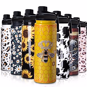 Weboia 24 oz Queen Bee Water Bottles 4 Lids For School With Straw,Hoeny Bee Insulated Metal Water Bottle Birthday Gifts For Women Ideas,Gifts For Girlfriend Daughter