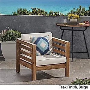Louise Outdoor Acacia Wood Club Chair with Cushion, Teak Finish and Beige