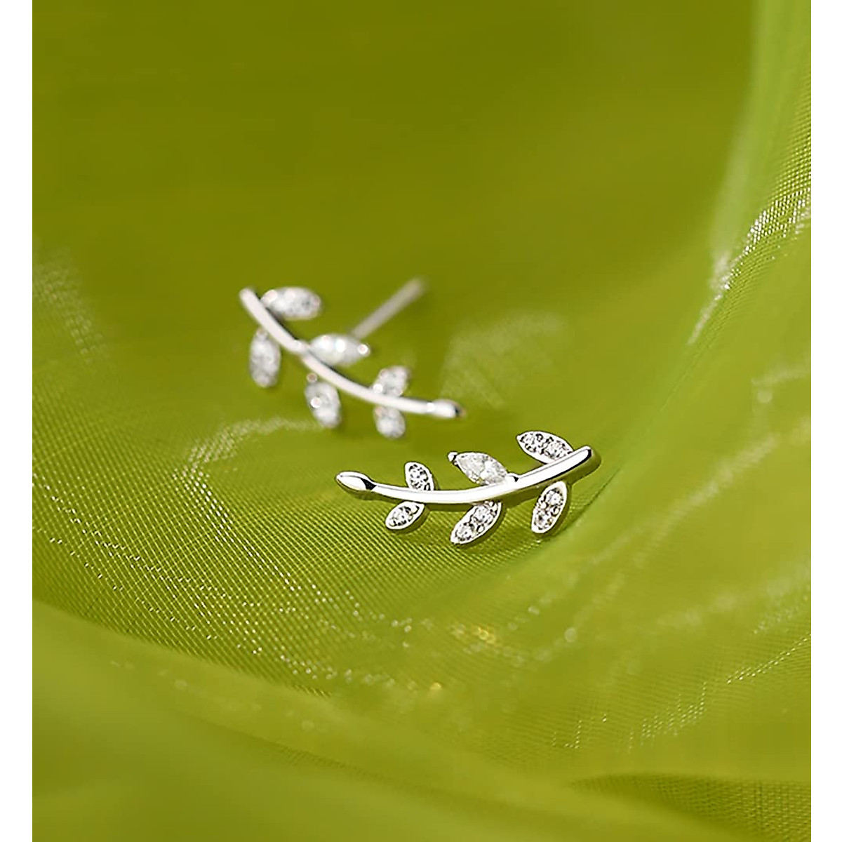 Reffeer Solid 925 Sterling Silver Leaf Crawler Stud Earrings for Women Teen Girls Crystal Leaf Stud Earrings (A-Silver)