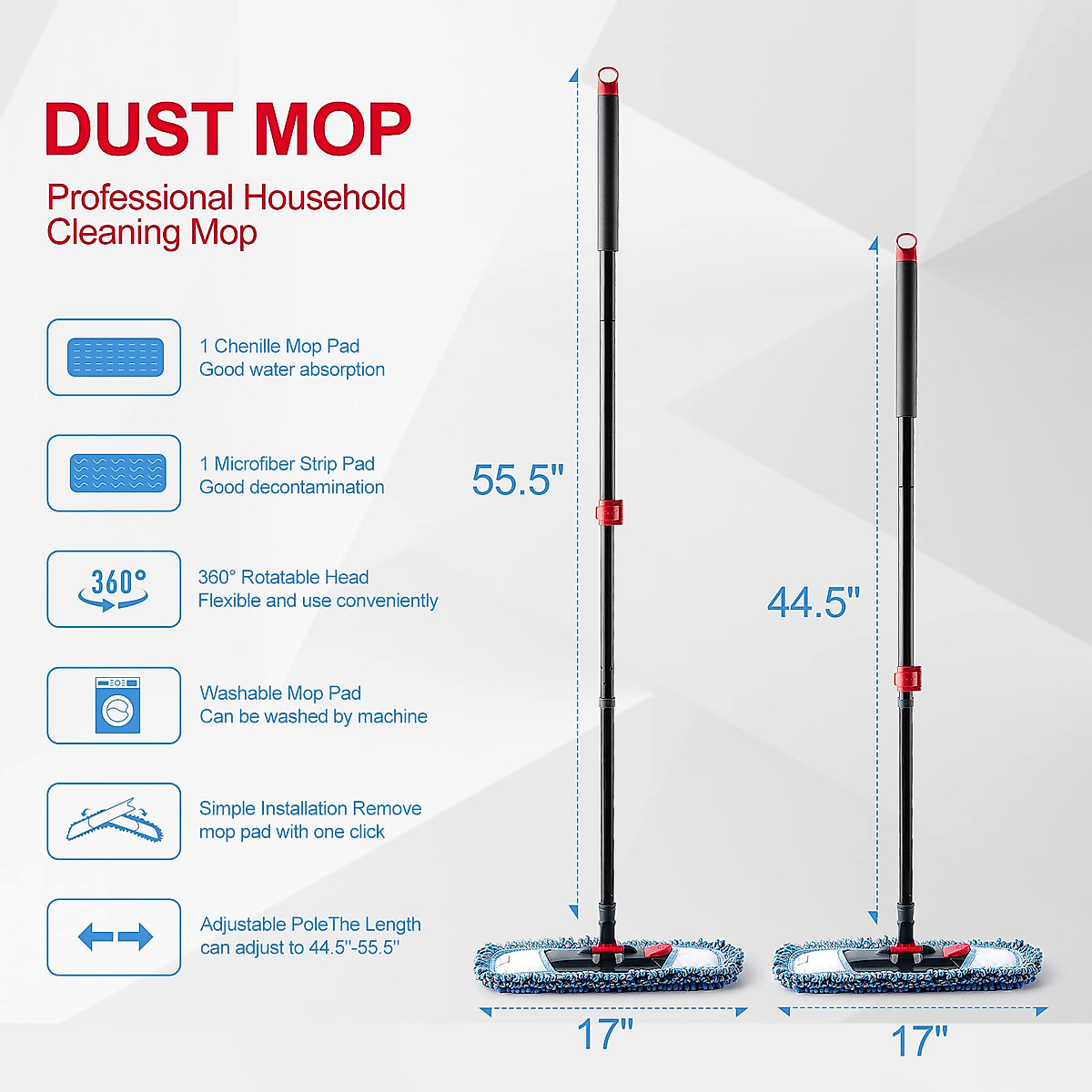 CLEANHOME Dust Mop for Floor Cleaning Microfiber Professional Dry & Wet Flat Mops for Tile Floors with a Extra Chenille Refill Mopping Pad for Hardwood,Tile,Marble Floor