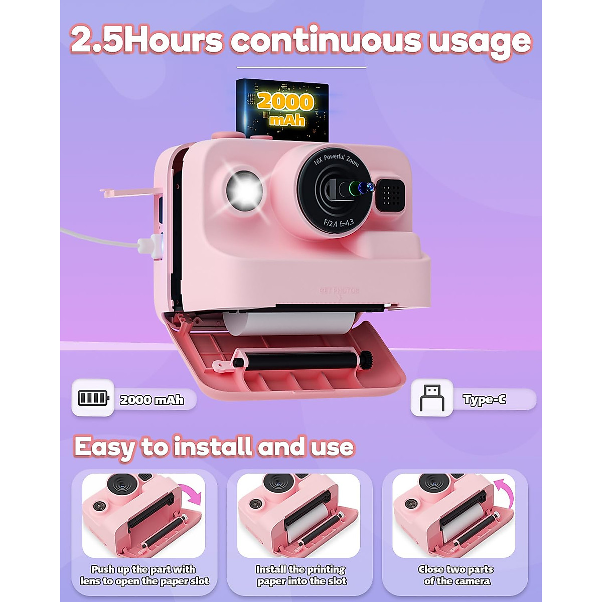 Dylanto Kids Camera Instant Print,1080P Kids Instant Cameras That Print Photos,Christmas Birthday Gifts for Girls Age 3-12,Portable Toy for 3 4 5 6 7 8 9 10 Year Old Girls Boys Pink