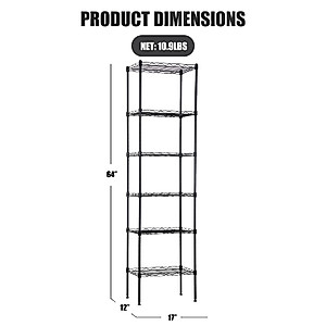 NChanmar 6-Tier Metal Shelving Unit Storage Shelves Metal Shelves 64"x17"x12" Heavy Duty Metal Storage Rack Wire Rack NSF Height Adjustable for Home Kitchen Bathroom Garage Shelving(Black)