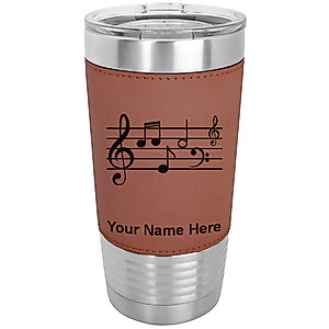 LaserGram 20oz Vacuum Insulated Tumbler Mug, Music Staff, Personalized Engraving Included (Faux Leather, Dark Brown)