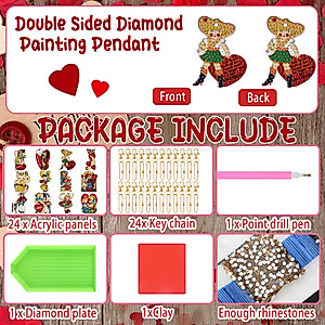 Outus 24 Pcs Vintage Valentine's Day Diamond Art Keychain 5D Vintage Cowboy DIY Decorative Double Sided Diamond Key Chain Kit Crafts Making for Valentine's Gifts Exchange School Classroom Prize