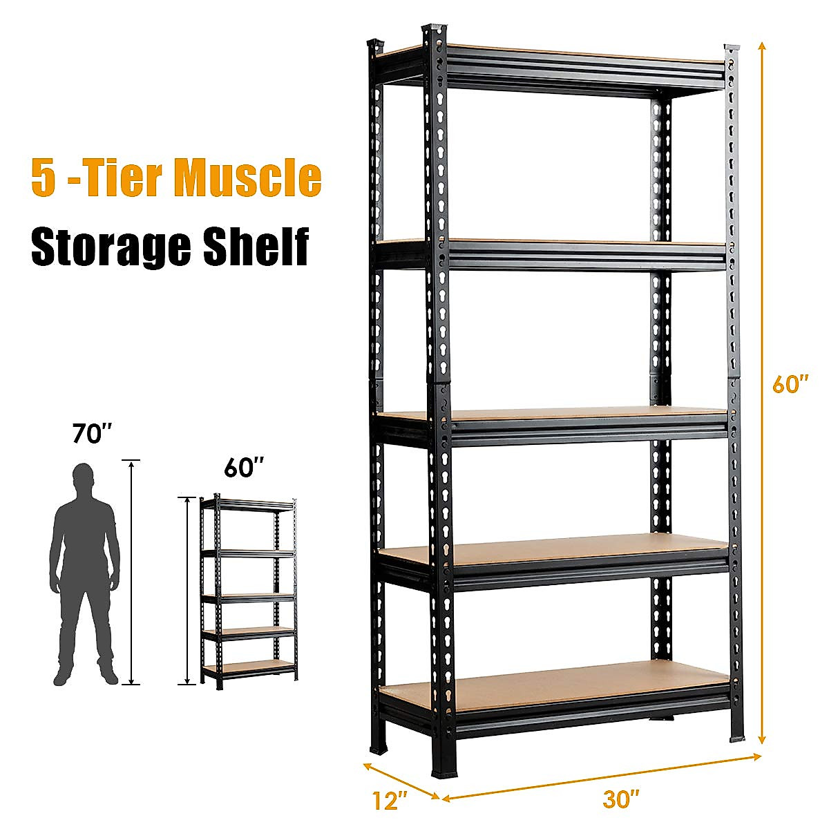 Tangkula 5-Tier Storage Shelves, Heavy Duty Steel Frame Muscle Rack 60in Garage Shelf with Adjustable Shelves, Boltless Shelving Unit for Free Combination, Metal Utility Shelves (2, Black)