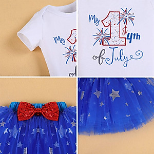 ODASDO Newborn Infant Baby Girl My 1st 4th of July Outfit Patriotic Bodysuit Romper Star Tulle Tutu Skirt Bowknot Headband Leg Warmers 4pcs Independence Day Party Summer Clothes Set White 3-6 Months