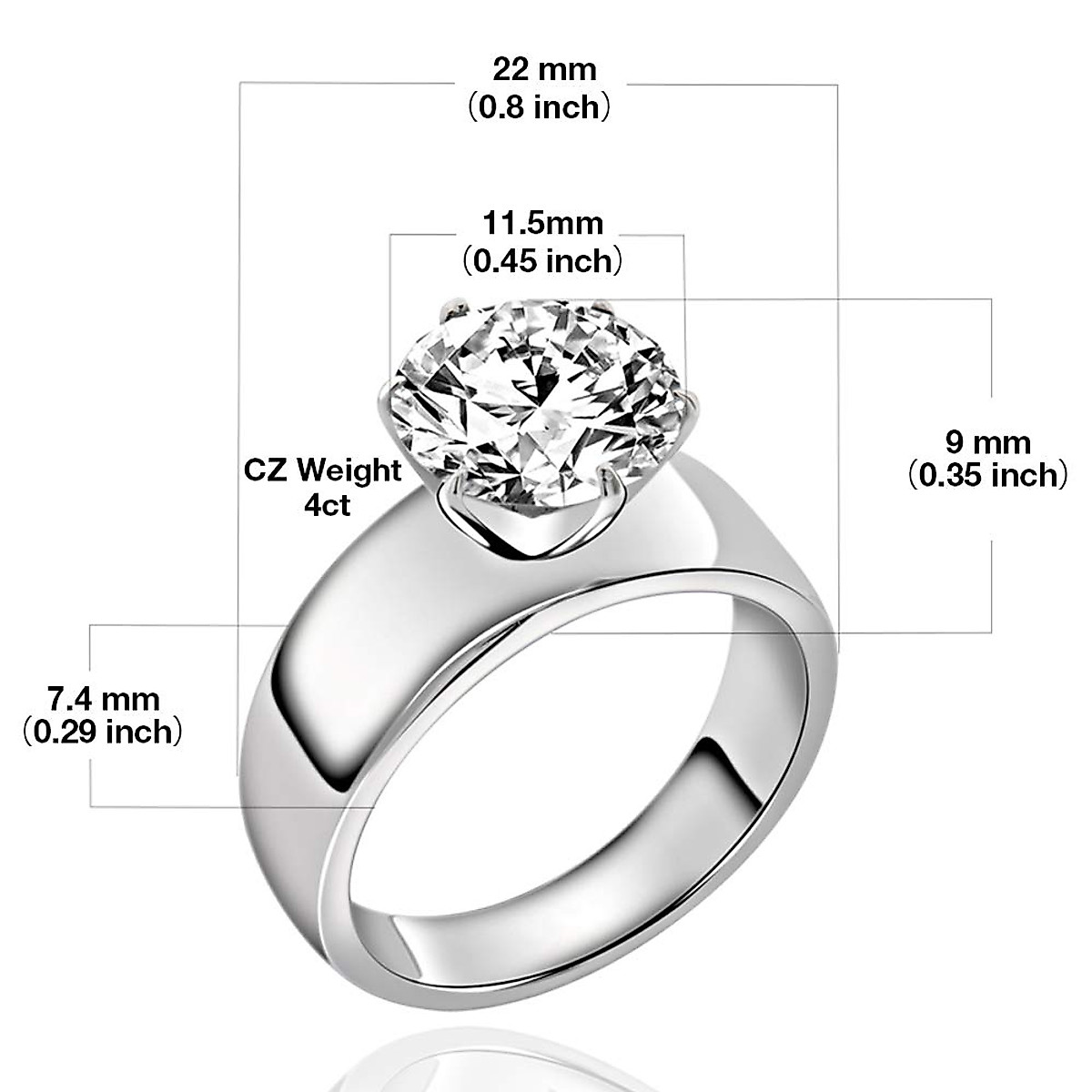 FlameReflection Stainless Steel 4 Carat Round Cubic Zirconia CZ Engagement Women Wedding Solitaire Promise Bands Ring size 6
