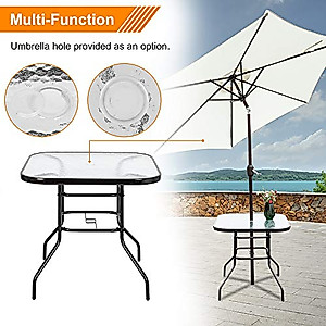 VINGLI Glass Patio Table with Umbrella Hole, 32" Square Outdoor Dining Table Steel Tempered Glass Patio Table Outdoor Table for Balcony Garden Deck