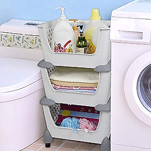 Hommp Gray Plastic Stacking Storage Organizer Basket with Wheels, Multi-function Stackable 3-Tier Storage Basket