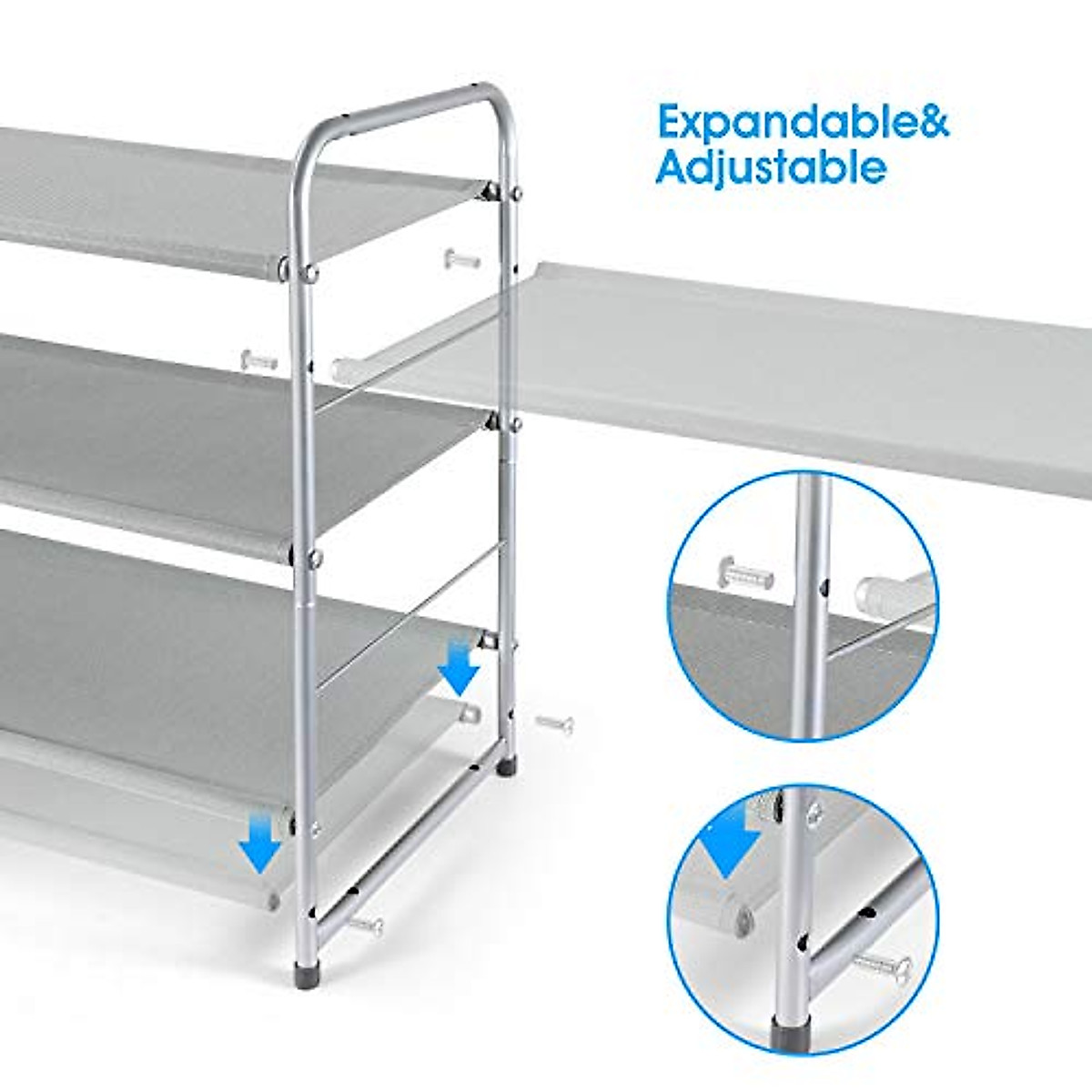 Simple Trending 3-Tier Stackable Shoe Rack, Expandable & Adjustable Fabric Shoe Shelf Storage Organizer,Silver
