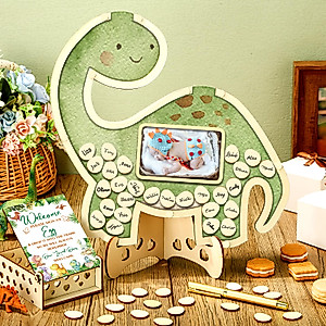 Wenqik 63 Pcs Baby Shower Guest Book Alternatives Set Baby Shower Guestbook with Photo Frame Baby Sonogram Frame Keepsake 60 Wood Slices Guest Book for Birthday(Dinosaur)