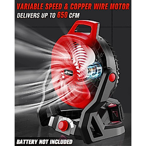 HEINPRO Battery Powered Fan for Milwaukee M18 18V Battery with AC Adapter (No Battery), Up to 650 CFM Cordless Fan,Variable Speed Battery Operated Fan,Low Noise 30dB Portable Fan, Jobsite Camping Fan