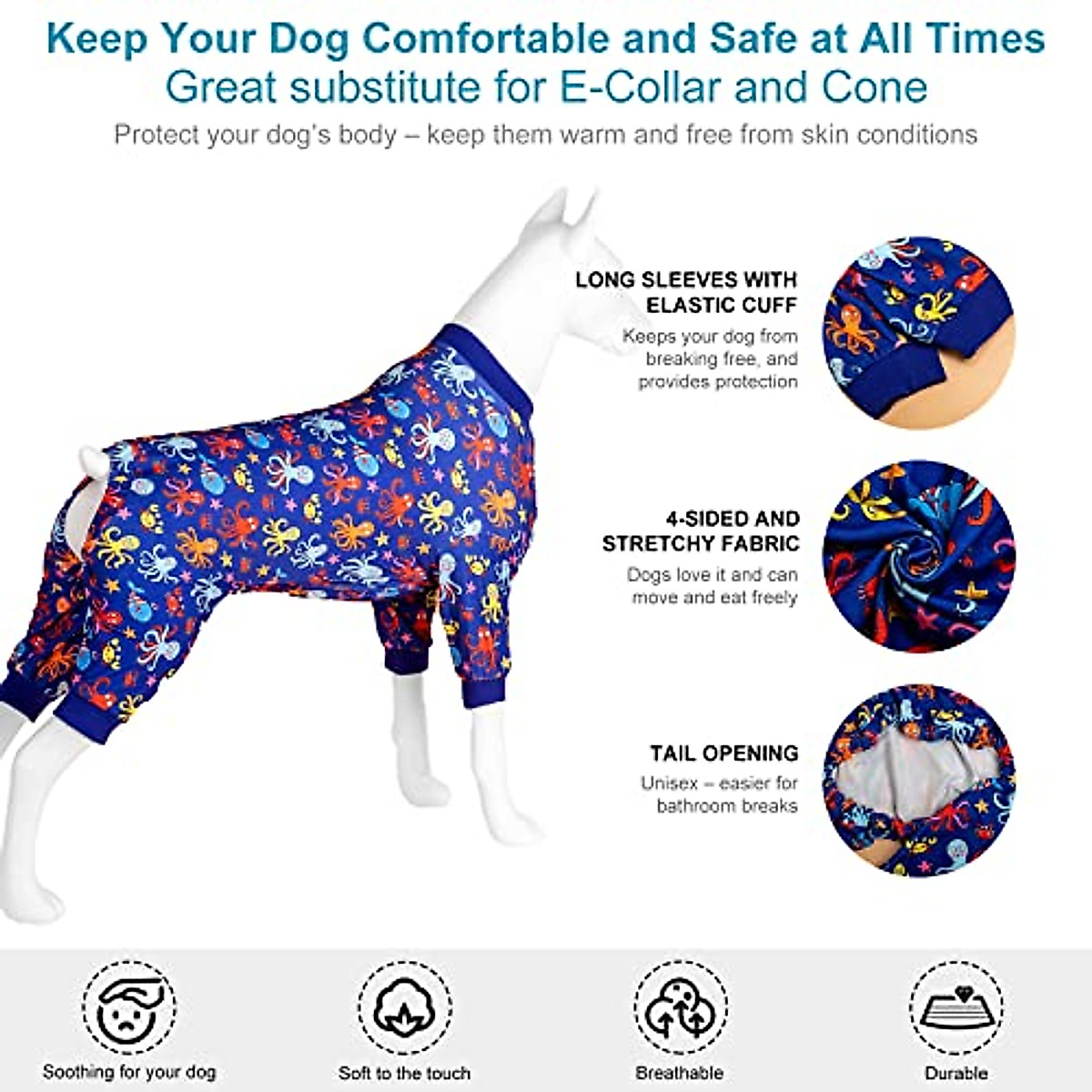 LovinPet Pitbulls Dog Recovery Suit - Anxiety Calming Shirt, Anti Licking Dog Pajamas, Marine Animals Print, Lightweight Large Dog Pjs, Pet PJ's for Parties, Camping, Traveling, Home,Purple Black XL