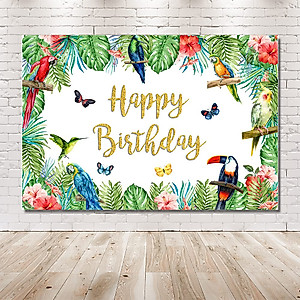 MEHOFOND 7x5ft Tropical Bird Birthday Backdrop Summer Toucan Palm Leaves Gold Glitter Happy Birthday Banner Photography Background Parrot Hummingbird Luau Decoration Photobooth Props