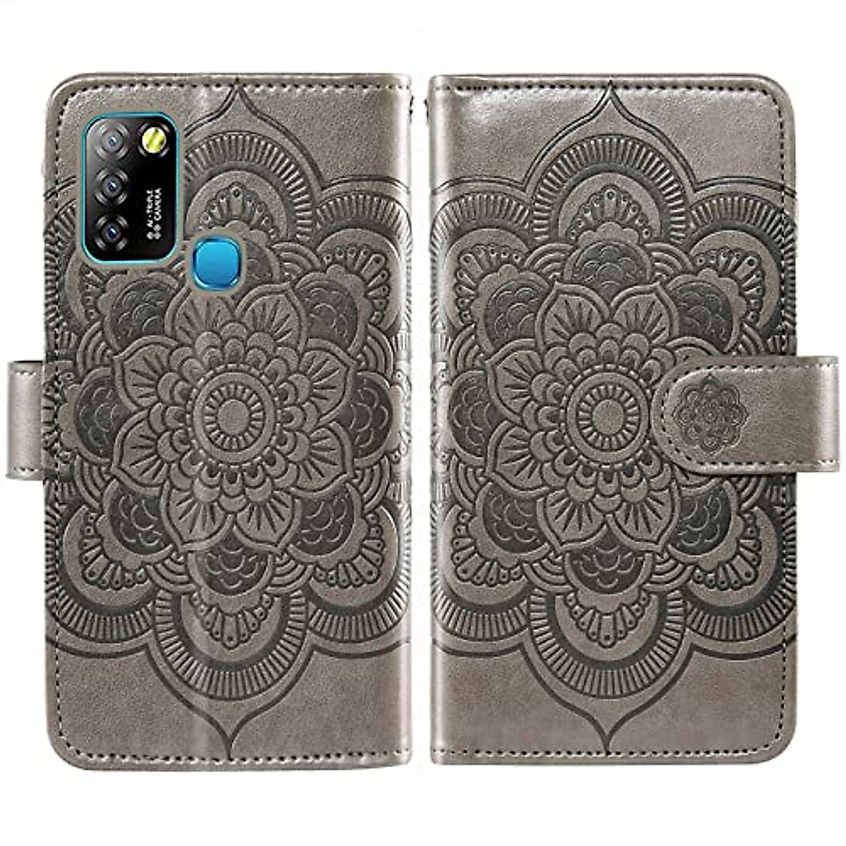 Asuwish Phone Case for Infinix Smart 5/Hot 10 Lite Wallet Cover with Tempered Glass Screen Protector and Flower Leather Flip Credit Card Holder Stand Folio Purse Cell Accessories X657B Women Men Grey