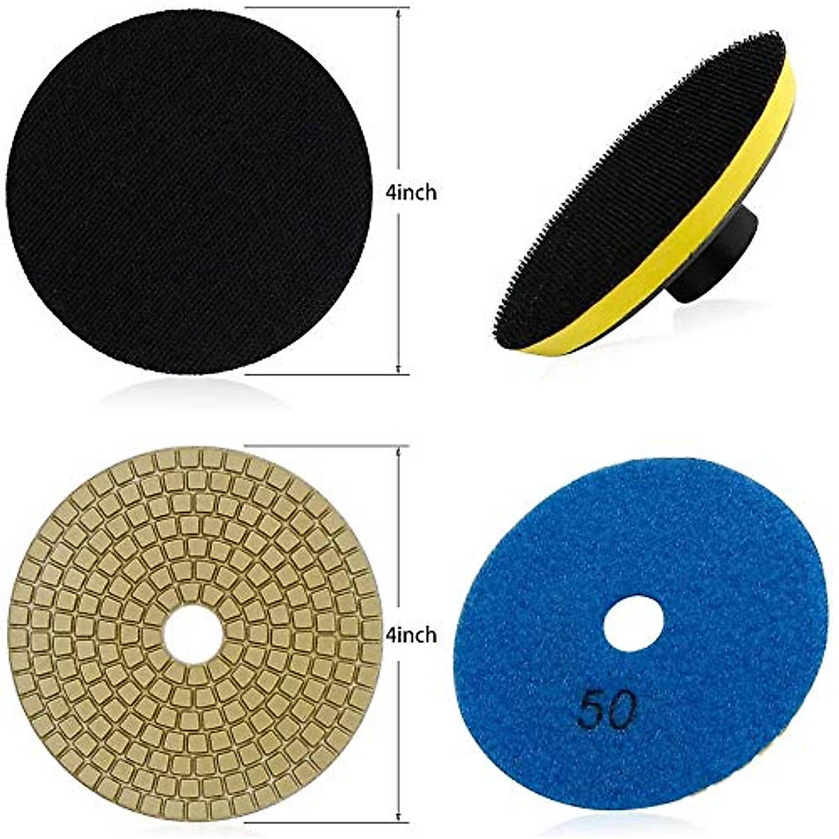 Diamond Polishing Pads Set 4 inch Wet/Dry Diamond Sanding Pads Kit 11 Piece Set Granite Stone Concrete Marble Buffer with M14 Drill Adapter
