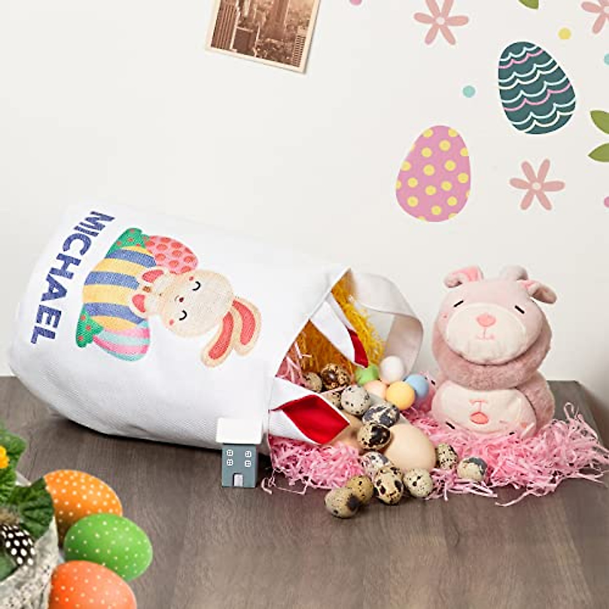 Customized Name Canvas Tote Bag Bunny Printed Easter Basket, Egg Hunt Easter Bags with Rabbit Ears for Kids Boys Girls First Easter Party Decorations Favors Gifts, Cute Easter Basket