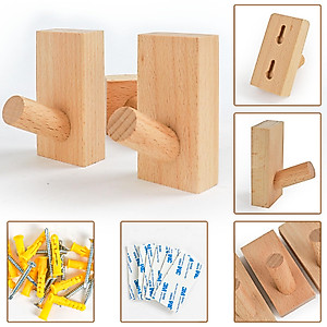 DINGEE Wall Hooks for Hanging Heavy Duty 6 Pack Wood Coat Hooks Wall Mounted, Adhesive Wall Hooks for Hat, Towel, Purse, Cloth, Plants, Bag,Natural Wooden Utility Hooks for Hanging