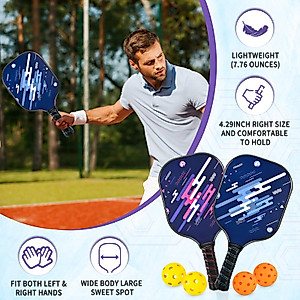 PLIOSAUR Pickleball Paddles, Fiberglass Pickleball Set, Lightweight Pickle Ball Rackets 2 Pack with 4 Pickle Ball, 2 Grip Tapes and 1 Carry Bag, Pickleball Paddle Set Gifts for Men Women Beginners