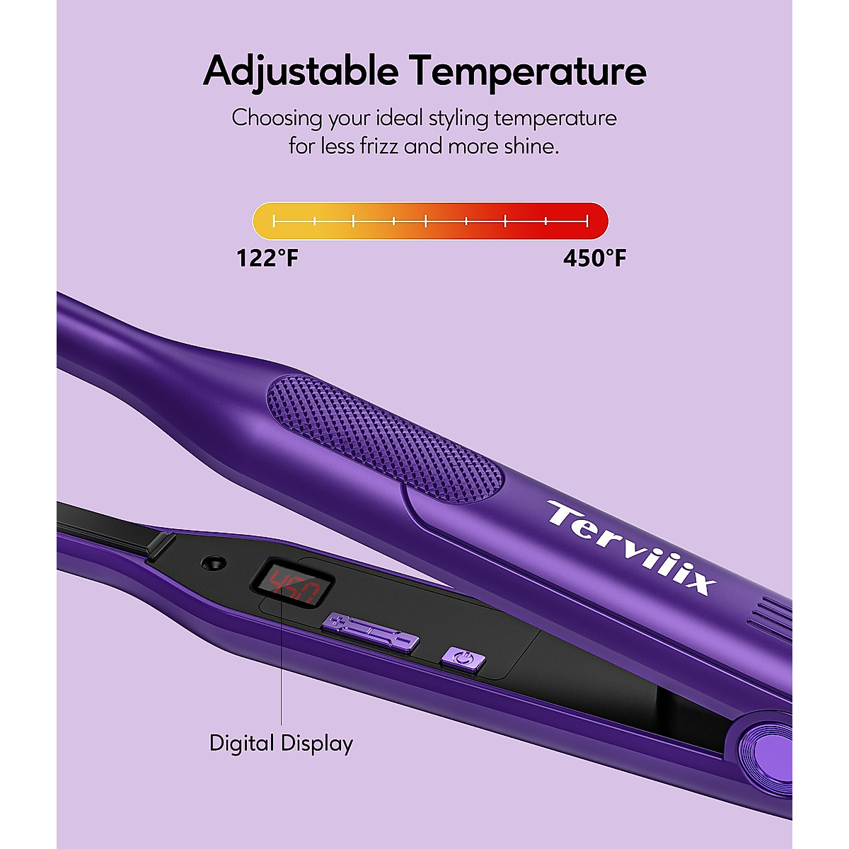 Terviiix Ceramic Pencil Flat Iron for Edges, 3/10 Inch Skinny Hair Straightener with LCD Digital Display, Mini Flat Iron for Pixie & Beard, Small Flat Irons for Short Hair, Auto Shut Off, Purple