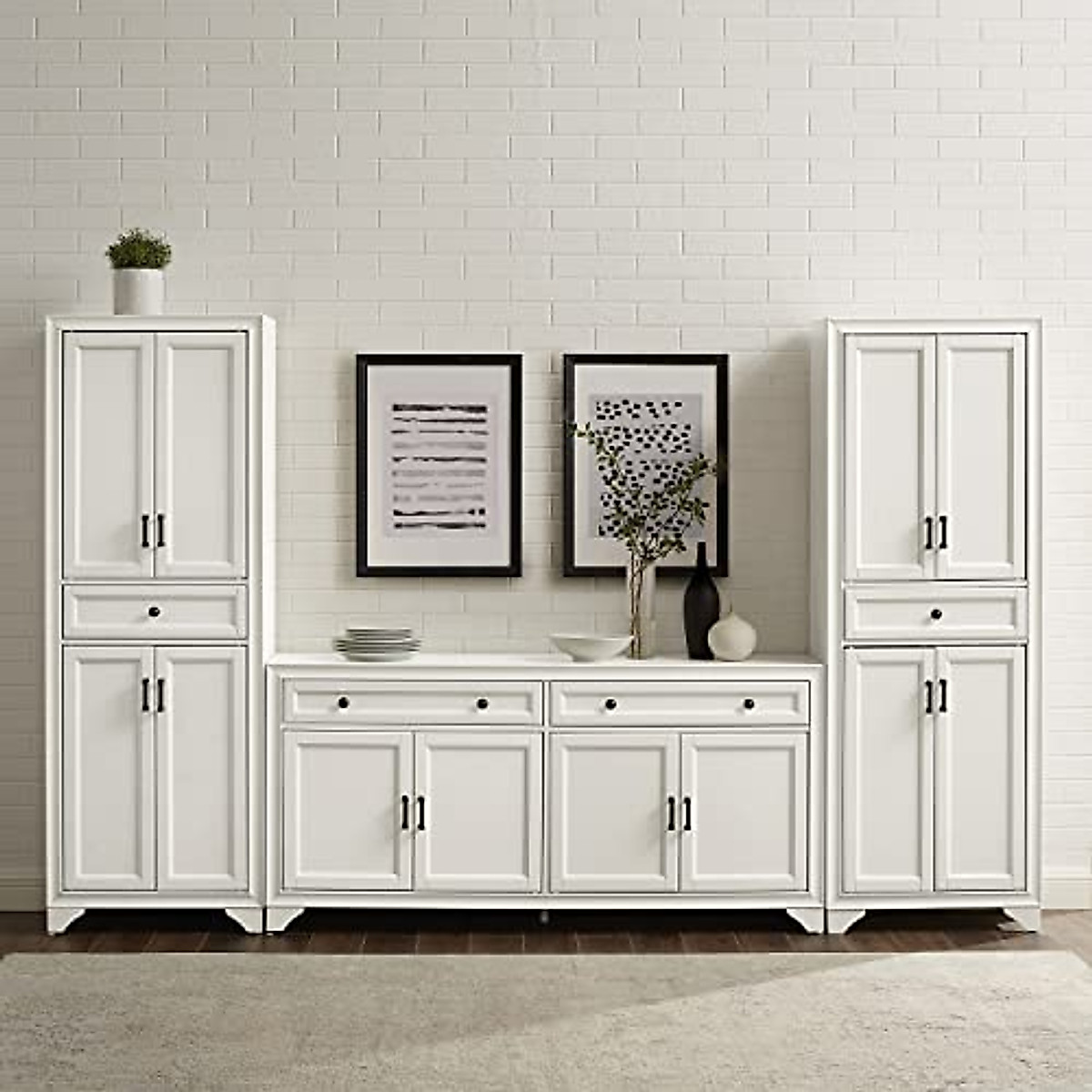 Crosley Furniture Tara 3-Piece Modern Farmhouse Sideboard Buffet Cabinet and Kitchen Storage Pantry Set, Distressed White