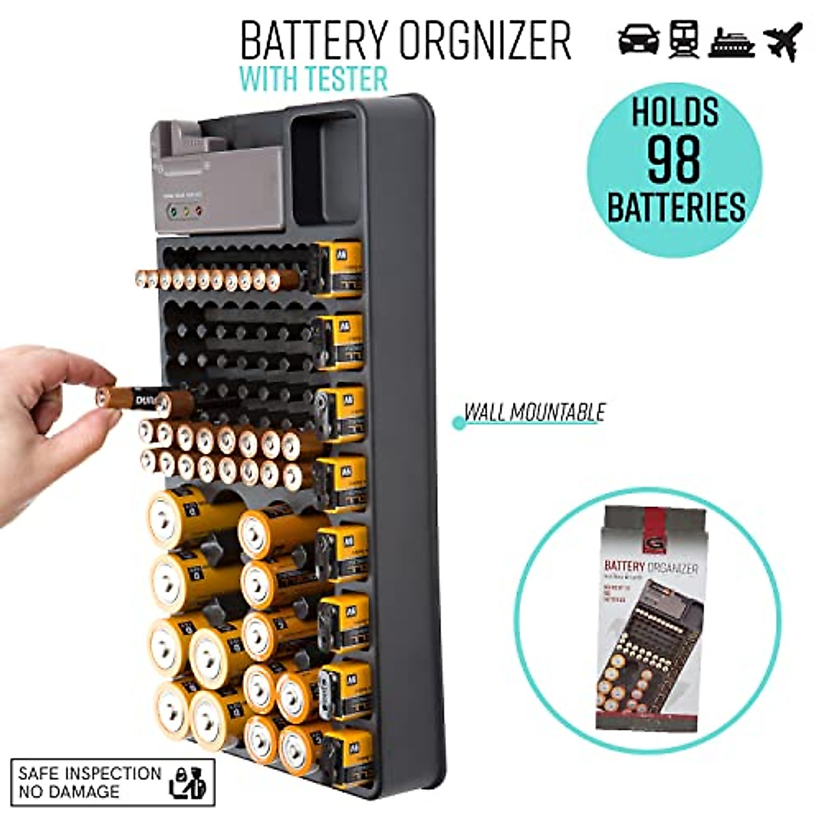 Wall Mounted Battery Organizer with Built-in Tester | Dimensions: 13.8" x 6.9" x 1.7" | Holds 98 Batteries | Wall Mounted | Battery Tester