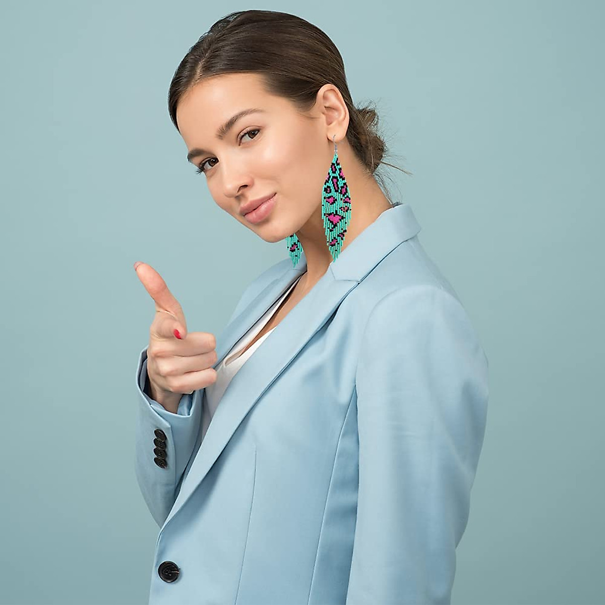 CALORVIA Boho Big Long Tassel Beaded Dangle Earrings Leopard Handmade Bohemian Large Statement Fringe for Women (Teal Green)