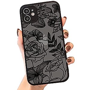 SUBESKING Compatible with iPhone 12 Flower Case for Women Girls, Cute Black Blooming Floral 3D Pattern Design Translucent Matte PC Back Soft TPU Bumper Protective Clear Cover 6.1 Inch