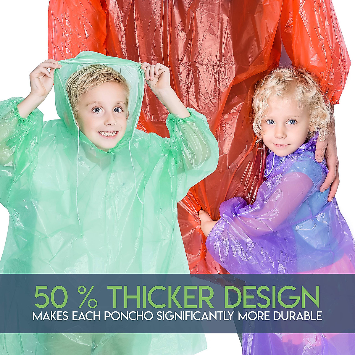 Lingito Rain Ponchos Family Pack | 12-Piece Emergency Drawstring Hood Poncho for Children and Adults | Lightweight Reusable or Disposable