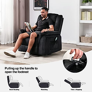 KALEVILL Recliner Chair with Heat and Massage, Recline Chair 360° Swivel Rocker Rocking Recliner, Overstuffed Home Theater Seating with 4 Side Pockets Black