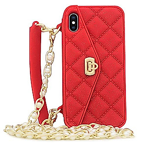 Omio for iPhone XR Handbag Case with Card Holder Wrist Lanyard Soft Silicone Shell for iPhone XR Wallet Case for Women with Strap Shockproof Drop Protection Noble Luxury Cover for iPhone XR Case Red