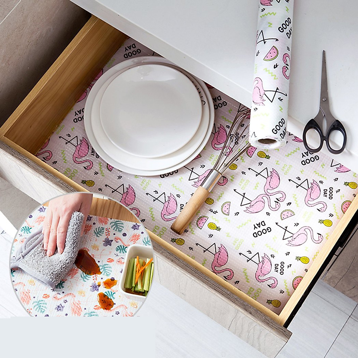 Cute Decorative Non Adhesive Foam Shelf Drawer Liner Paper for Kitchen Cabinets Dresser Pantry Closet (Flamingo Leaf, 17.7" Wx78 L)