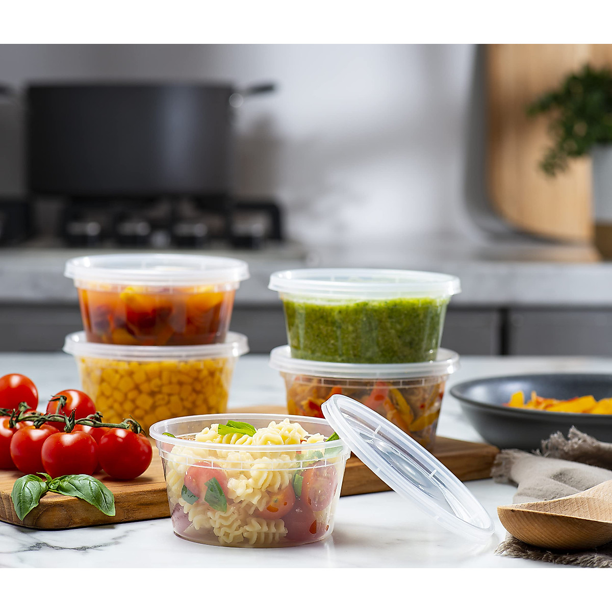 Elegant Disposables 12 OZ - 24 Sets Plastic Deli Food Storage Containers with Airtight Flexible Lids Microwavable, Leak Free, Washable, Freezer Safe.