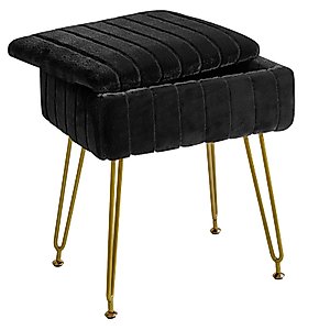 IBUYKE Stool Chair with Storage Space, Footrest Footstool Ottoman, Small Side Table, with 4 Metal Legs, with Anti-Slip Feet, for Makeup Room, Bedroom, Black, Faux Fur LG-50B