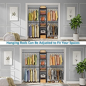 Timate P6 Medium Clothes Rack Heavy Duty Closet Organizer System Wall Mounted, 4 Expandable Hanging Rods 5 Tiers Adjustable Storage Closet Shelves Tower Hanging Closet Kit Fits Space 5.3-8.3 ft Black